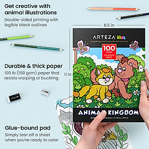 ARTEZA Kids Coloring Book and Colored Pencils Kit, Animal Kingdom Illustrations, 50 Double-Sided Sheets, 100lb Paper