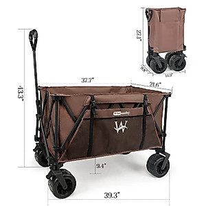 Whitsunday Heavy Duty Collapsible Wagon Cart, 380lb Load-Bearing Utility Wagon Cart with Big All Terrain Wheels, Folding Outdoor Wagon with Side Pocket for Beach, Camping, Outdoor Brown