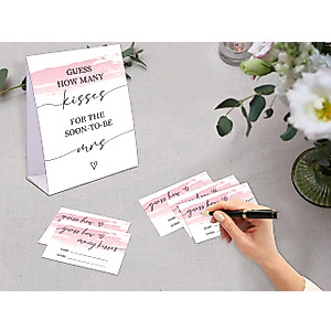 Pink Swash Bridal Shower Game, Guess How Many Kisses For The Soon To Be Mrs, Pack of 1 Sign and 50 Guessing Cards, Modern Bridal Shower Decorations, Wedding Shower Supplies - 05