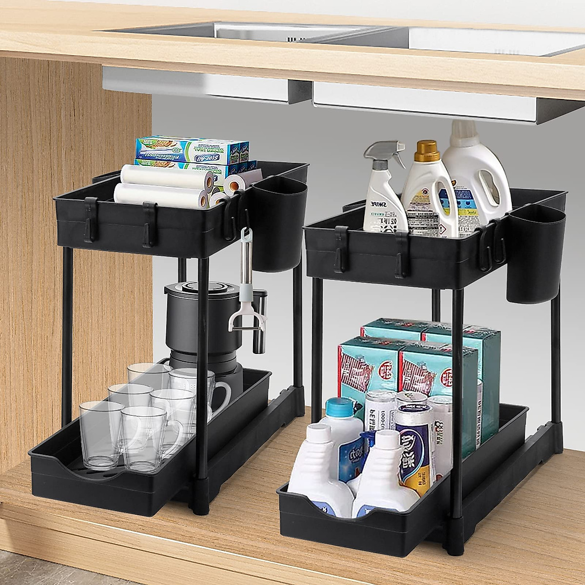 Under Sink Organizers and Storage 2 Pack, Pull-out Sliding Drawers - 2 Tier Bathroom Organizer Under Sink, Multi Usage Kitchen Cabinet Organizers and Storage with 4 Hanging Cups and 8 Hooks, Black