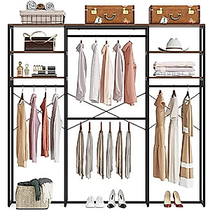 LITTLE TREE Free Standing Closet Organizer, Large Heavy-duty Garment Rack with Shelves and Hanging Rods,Open Wardrobe for Bedroom,Brown