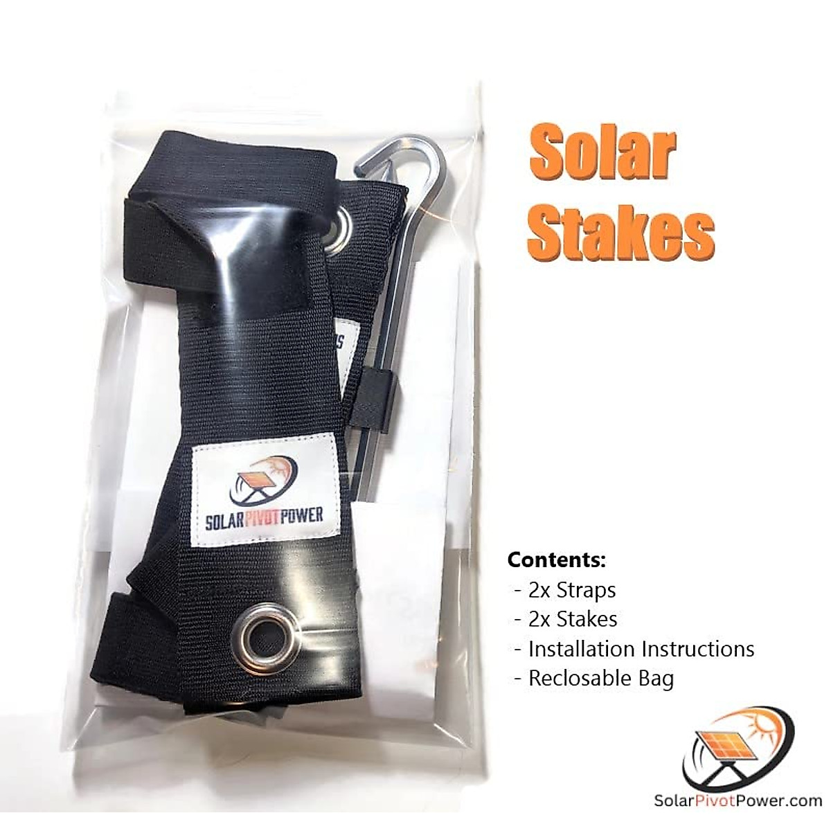 Solar Stakes - Anchor Portable Solar Panels with Seamless Add-on, Heavy Duty Strap with Hook/Loop and Elastic, 7" Aluminum Stake, Prevents Wind Tipping
