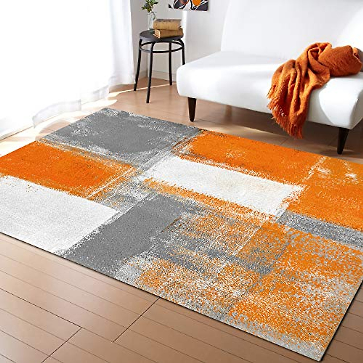 Indoor Outdoor 3'x5' Area Rug - Non-Slip Backing Easy-Cleaning Living Room Rugs Washable Thanksgiving Area Rugs Orange Gray Modern Abstract Art Painting Graffiti Design Floor Carpet for Bedroom Dorm
