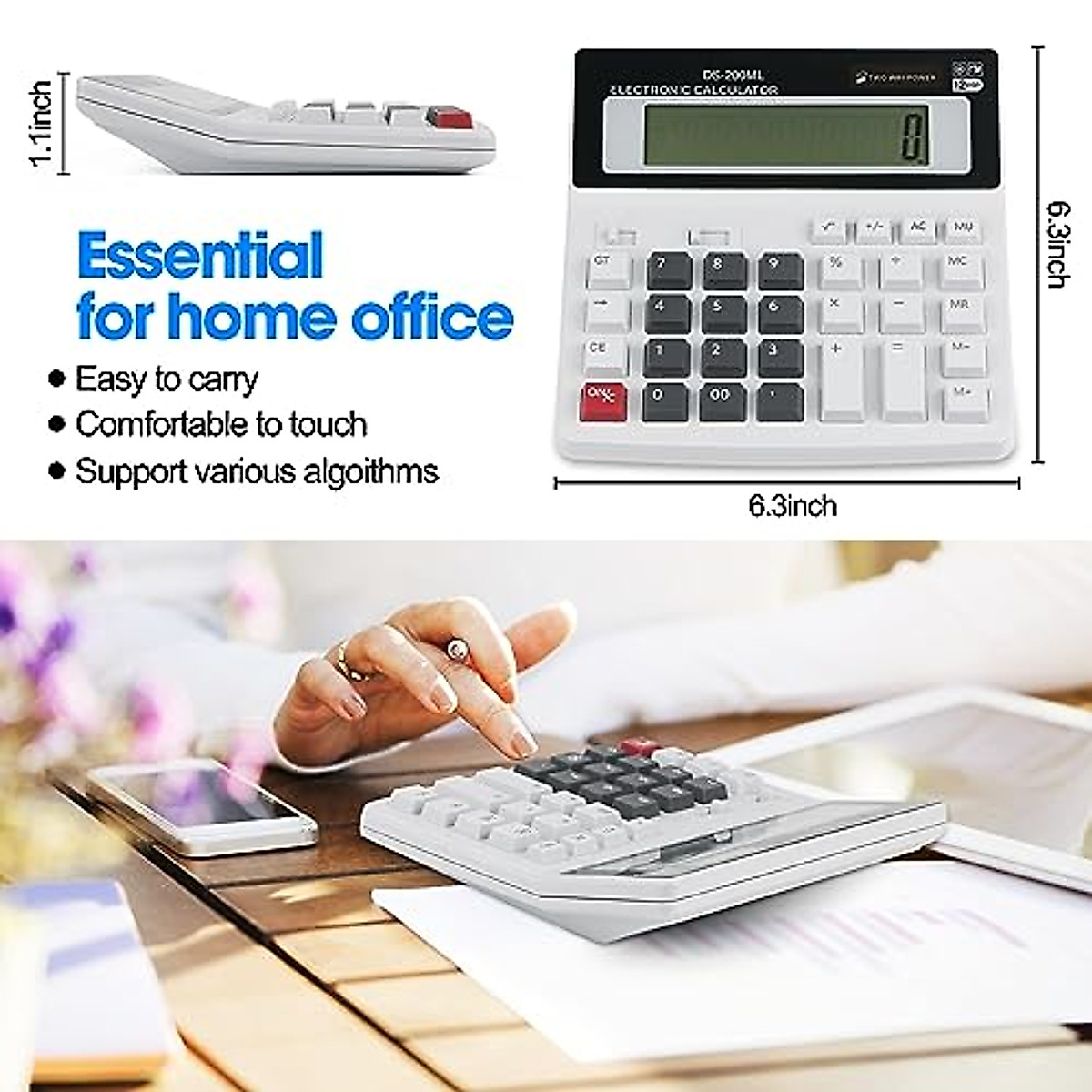 Calculator, BviFioX Desk Calculator, 12 Digit Large LCD Display, Solar and Battery Office Calculator, Large Keys, Standard Function for Daily Use in Home and Office (CT-200ML)