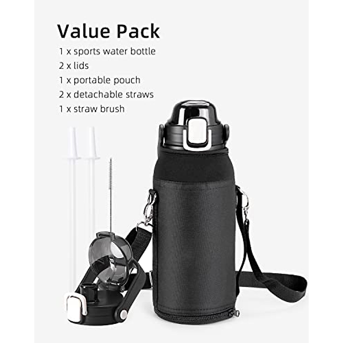 Topre 64 oz Insulated Water Bottle, Half Gallon Vacuum Double Walled Stainless Steel Large Metal Flask, Wide Mouth Jug with Handle Straw Auto Chug Lids,Keeps Cold & Hot for Sports Gym,Black