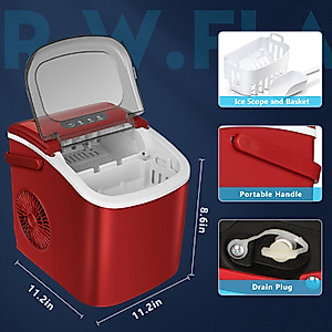 R.W.FLAME Ice Makers Countertop, Portable Ice Maker Machine with Self-Cleaning, 26.5lbs/24Hrs, 6 Mins/9 Pcs Bullet Ice, Ice Scoop and Basket, Handheld Ice Maker for Kitchen/Home/Office/Party,Grey
