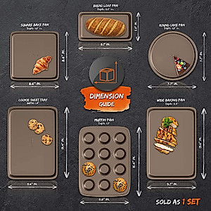 NutriChef Kitchen Oven Non Stick Carbon Steel Tray Sheet 6 Piece Bakeware Set with Cookie Tray, Cake Pan, Muffin Pan, and Bread Loaf Pan Gold (2 Pack)