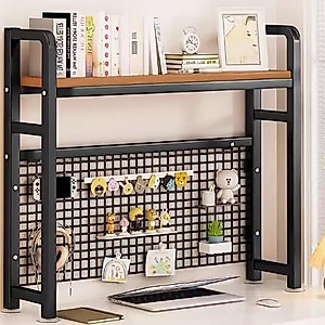 2-Tier Desk Shelf, 45.3" Multipurpose Desktop Organizer Shelf with Grid Panel, Computer Desktop Bookcase Bookshelf Storage Rack for Home Office Dorm,Black