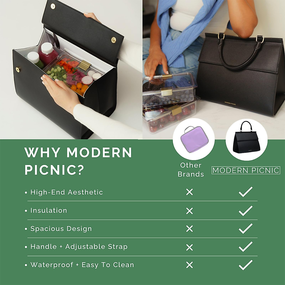 Modern Picnic Vegan Leather Lunch Bag for Women, Cooler Lunch Bag for Girls, Easily Wipeable, Adjustable Shoulder Strap, Women’s Lunch Bags for Work/Office/Outdoor, Black As Seen on Shark Tank