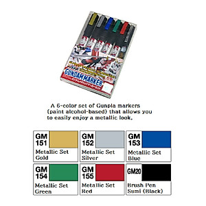 Mr Hobby GSI Creos Gundam Marker Metallic Set 6 Colors Metallic gold, Metallic silver, Metallic blue, Metallic green, Metallic red, Black GMS121 With Kanji LOVE Sticker, 5.94 x 2.99 x 1 in
