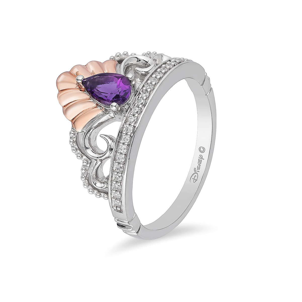 Jewelili Enchanted Disney Fine Jewelry Sterling Silver and 10K Rose Gold with 1/10cttw Diamonds and Amethyst Ariel Shell Tiara Ring, Size 9