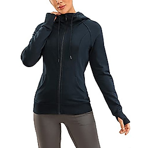 CRZ YOGA Women's Full Zip Hooded Sweatshirts Workout Sweat Jackets Slim Fit Running Track Hoodies with Thumbholes True Navy Large