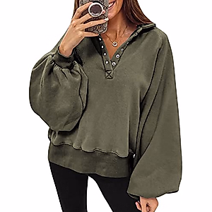 Dokotoo Women's Fashion Hoodies & Sweatshirts Lantern Long Sleeve Button Collar Crewneck Oversized Pullovers Winter Sweatshirts for Women Loose Fit Casual Ladies 2023 Fall Shirt Tops Green L