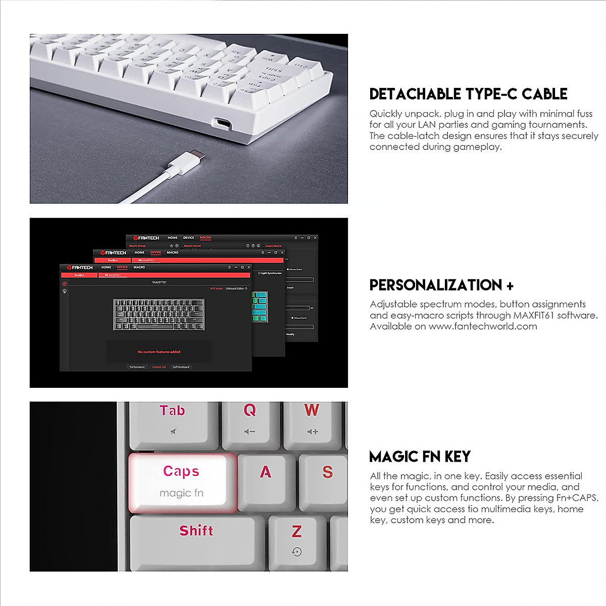 FANTECH MAXFIT61 RGB Wired 60% Mechanical Keyboard, 61 Keys Hot Swappable Type-C Programmable Gaming Keyboard, Outemu Blue Switch, White
