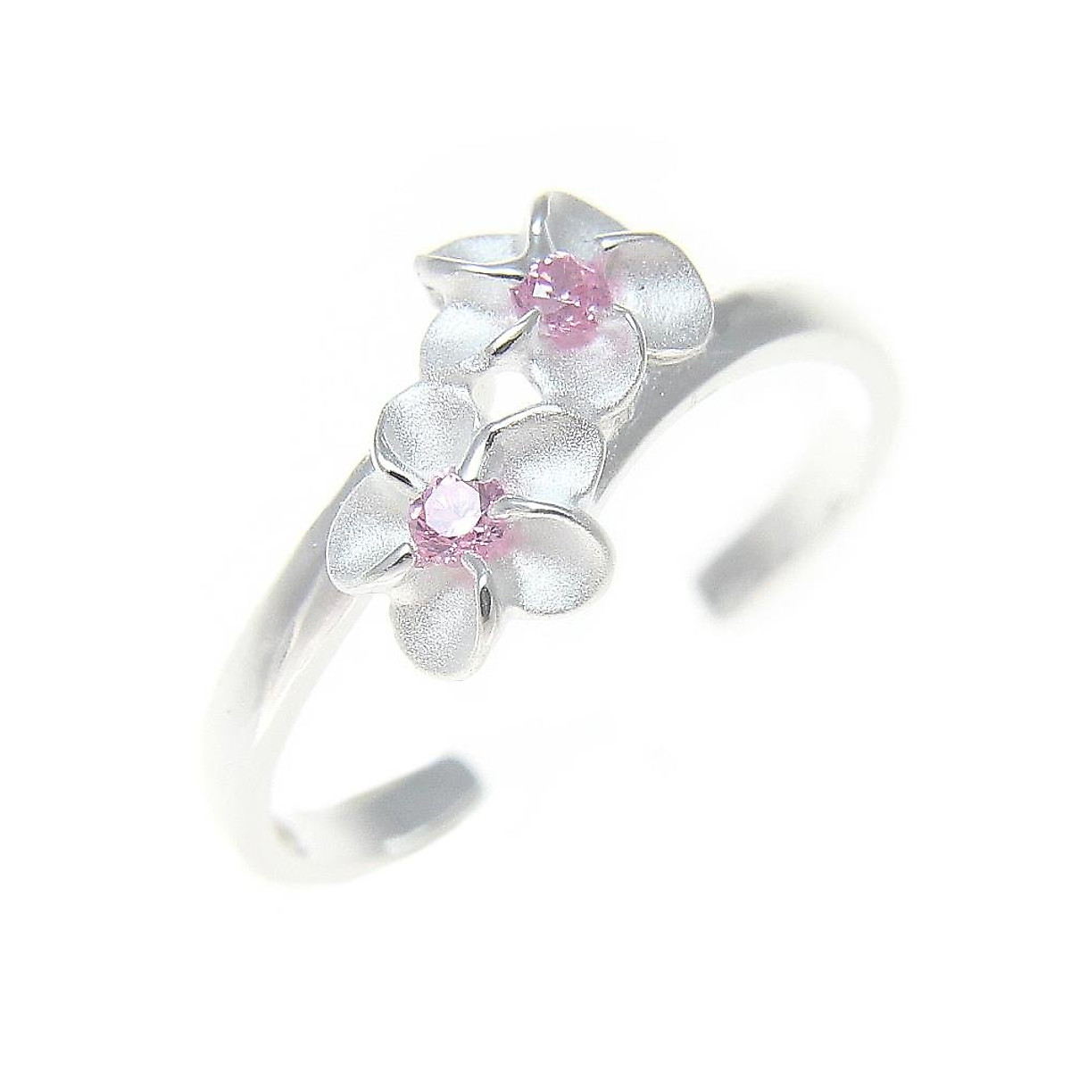 Arthur's Jewelry 925 sterling silver Hawaiian double plumeria flower pink cz open toe ring