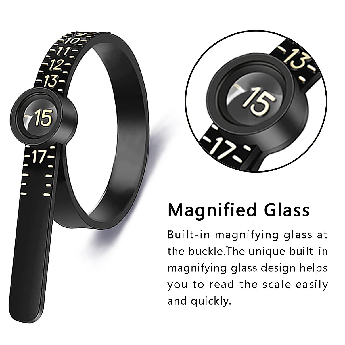 Ring Sizer Measuring Tool JRONGHE Reusable Finger Size Measuring Tape with Magnified Glass, Jewelry Sizing Tool 1-17 USA Rings Size