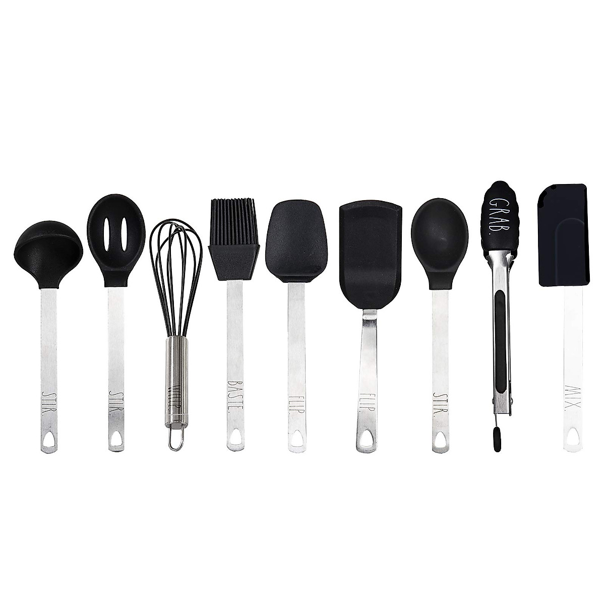 Rae Dunn Everyday Collection 9 Piece Mini Kitchen Utensil Set- Stainless Steel and Silicone Kitchen Tools- (Black)