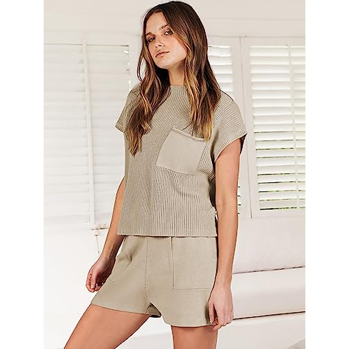 ANRABESS Two 2 Piece Outfits Womens 2023 Spring Summer Romper Matching Sets Lounge Sets Short Sweatsuits Sweat Suits Outfits Cozy Knit Sweater Loungewear Set Clothes 1122kaqi-M