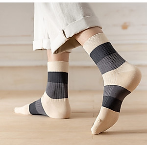 ZINDE 6 Pairs Soft Cotton Socks for Women Girl Thick Knit Breathable Cute Stripe Fashion Above Ankle Crew Socks Set (6 Pairs-08)