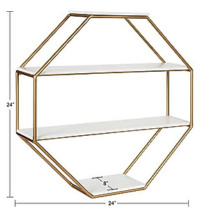 Kate and Laurel Lintz Glam Octagon Wall Shelf, 24 x 24, White and Gold, Modern 4-Tier Geometric Shelves for Wall