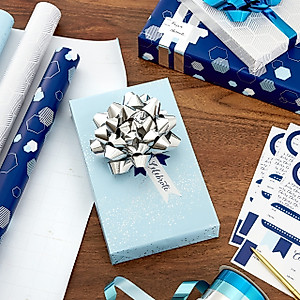Hallmark Blue and Silver Wrapping Paper Set (3 Rolls: 90 Sq. Ft. Ttl, 10 Bows, Ribbon, Gift Tag Stickers) for Birthdays, Hanukkah, Father's Day, Graduations, Weddings