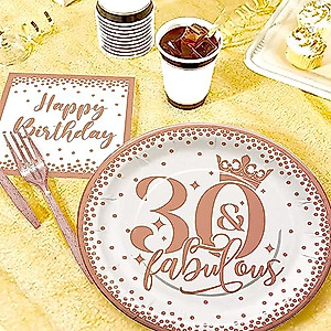 GREPARPY 30th Birthday Decorations Women Tableware - Rose Gold 30 And Fabulous Birthday Decorations Dinnerware, Thirty Birthday Plate, Napkin, Fork, Her 30-Year-Old Birthday Party Supplies | Serve 24