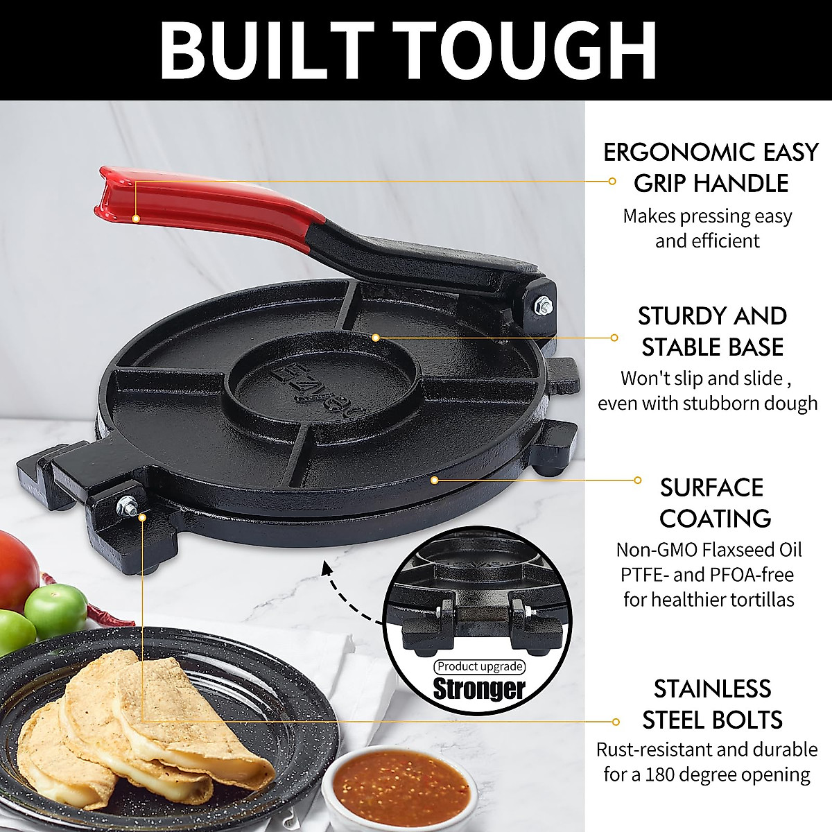Ezyec Cast Iron Tortilla Press 8-10 Inch, Large Roti Maker with Silicone Grip Handle for Roti, Taco, Flour, Corn, Dough, Chapati, Sturdy Prensa Para Tortillas Maker Press W/ 50 Pcs Parchment Paper