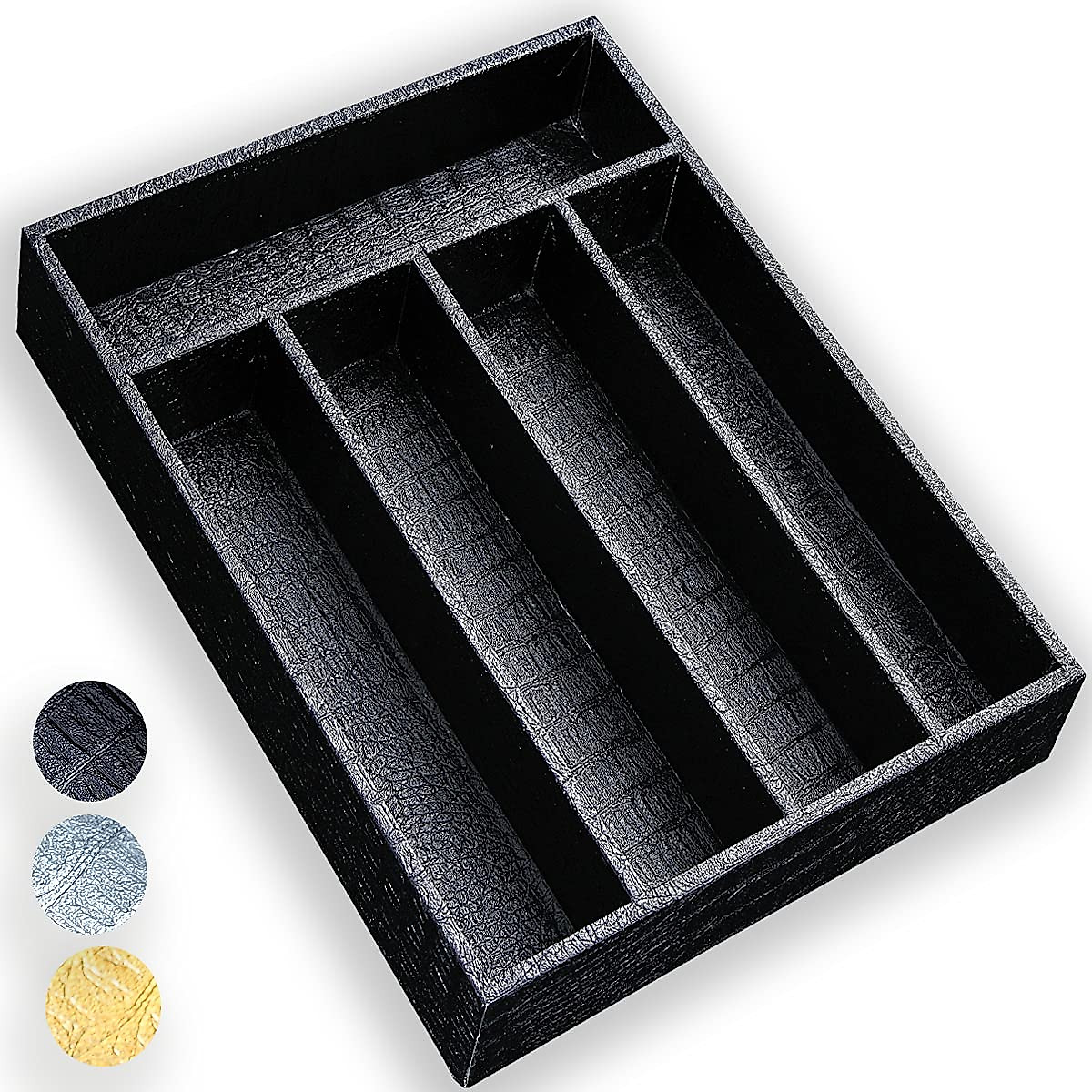 Berglander Drawer Organizers, Black Leather Wood Kitchen Silverware Tray for Drawer, Utensil Tray Drawer Organizer, Kitchen Silverware Organizer, Cutlery Flatware Organizer with Drawers