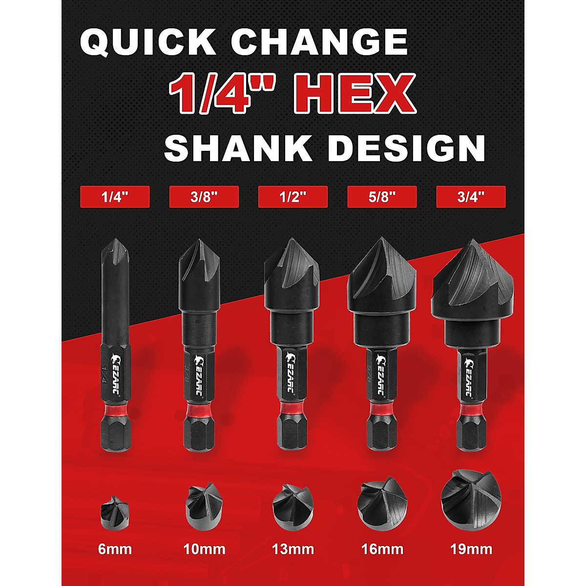 EZARC Countersink Drill Bit Set for Metal, 5PCS Countersunk Bits 82 Degree 5 Flute, 1/4” 3/8” 1/2” 5/8” 3/4”, 1/4 Inch Hex Shank Countersunk Bit Set