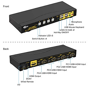 CKLau 4 Port KVM HDMI Switch with Audio, Microphone, 2 USB 2.0 Hub and Cables Support Wireles Keyboard Mouse Resolution Up to 4Kx2K@60Hz 4:4:4