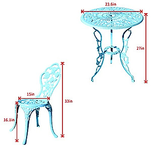 KAI LI 4-Piece Balcony Tables and Chairs, 1 Table, 2 Round Chairs and 1 Bench, Metal cast Aluminum, Bistro Suit, Garden Bench, Rose Pattern Light Blue
