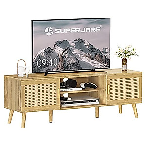 SUPERJARE Boho TV Stand for 55 Inch TV, Entertainment Center with Adjustable Shelf, Rattan TV Console with 2 Cabinets, Media Console, Solid Wood Feet, 4 Cord Holes, for Living Room - Natural