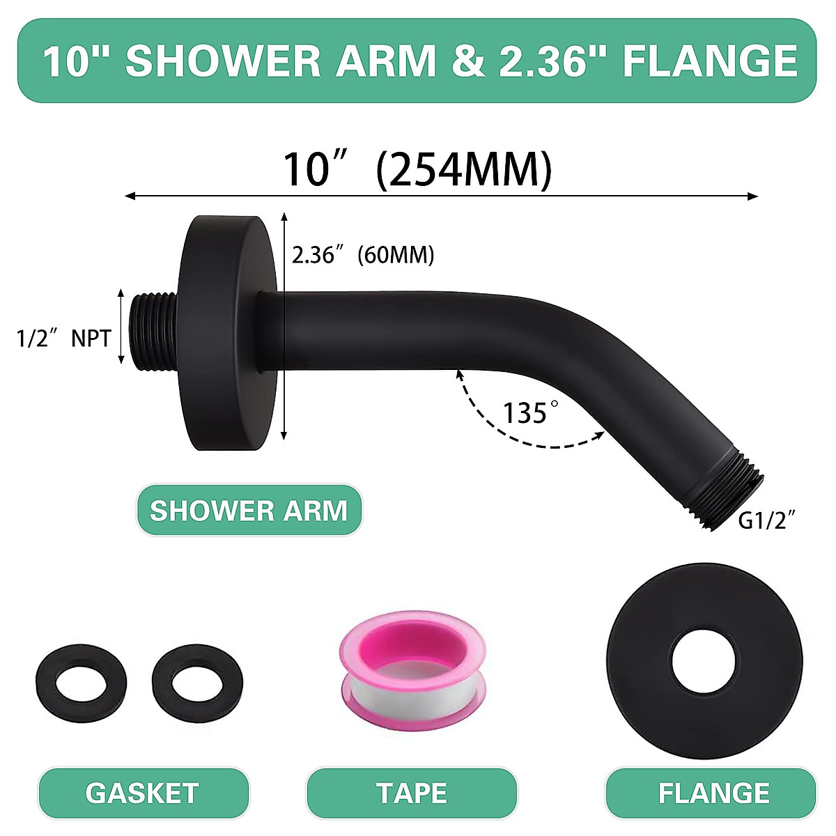 Shower Arm with Flange +Tape,Stainless Steel Shower Head Extension Arm,Wall-Mounted Shower Head Extender Arm for Fixed Shower Head,10 Inch Matte Black