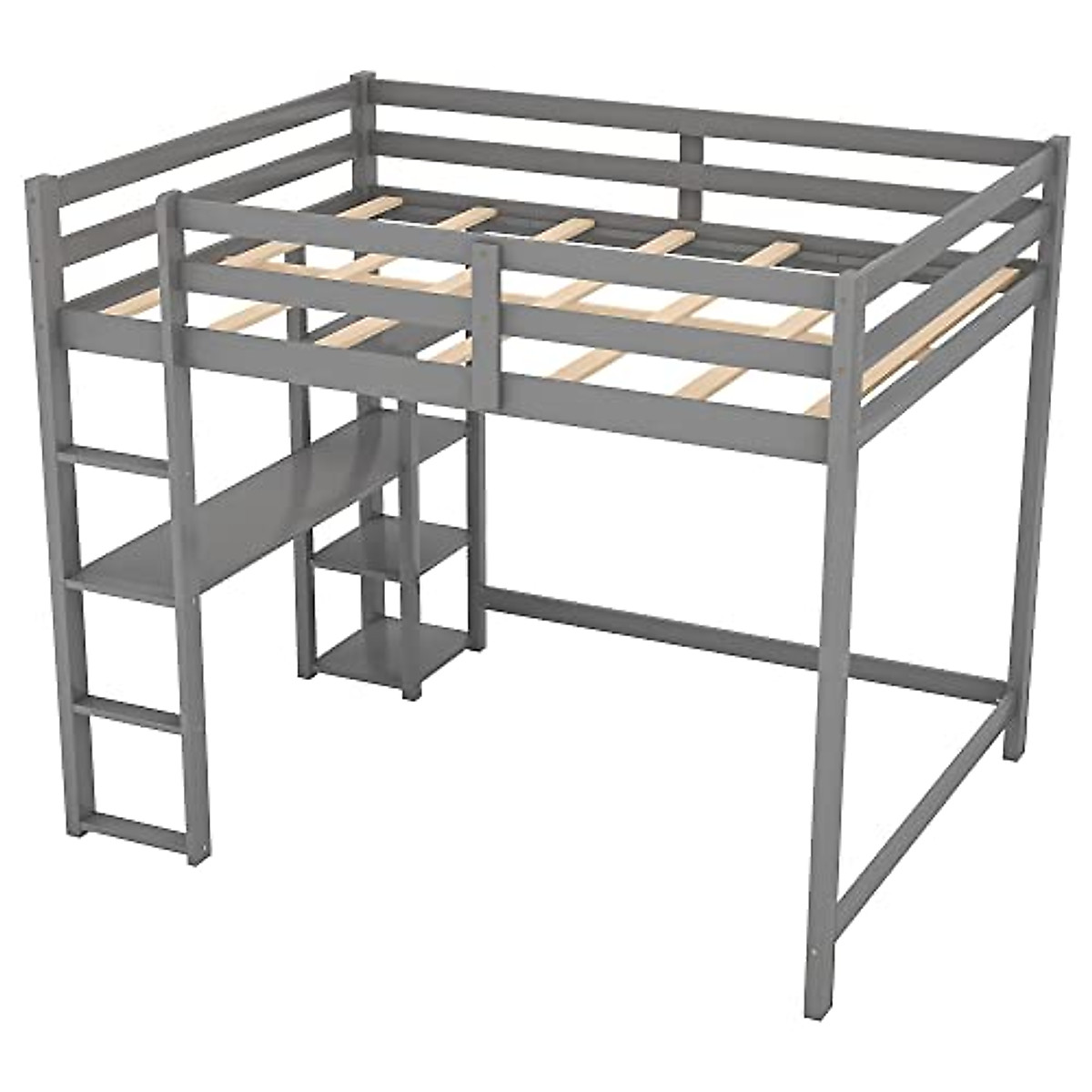 GLORHOME Full Size Wood High Loft Bed with Built in Side Desk, Shelves and Safety Guard Rails, Space Saving Bedroom Furniture for Kids Teens Adults, Grey