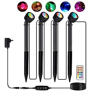 Low Voltage Spotlights Outdoor Landscape Lights, 12W LED Landscape Lighting Waterproof Spotlight, RGB Spotlights 4 Pack 360° Adjustable, Remote Control Christmas Decorative for Yard Garden House Patio