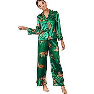 SheIn Women's Satin Sleepwear Lapel V Neck Leopard Print Long Sleeve Pajamas Set Green Polka Dot & Tiger Print Medium