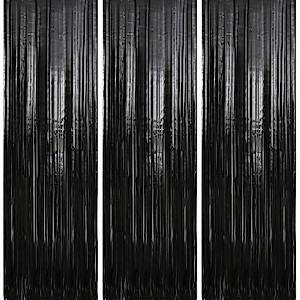 Crosize 3 Pack 3.3 x 9.9 ft Black Foil Fringe Backdrop Streamer Curtains, Birthday Party Decorations, Tinsel Curtain for Parties, Photo Booth Backdrops, Party Decor