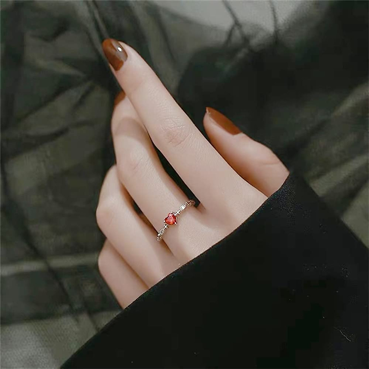 Delicate Red Heart 925 Sterling Silver Statement Adjustable Ring for Women Girls Cubic Zirconia CZ Love-Heart Shaped Beaded Open Wrap Rings Comfort Fit Birthday Wedding Anniversary Jewelry Size 6-10