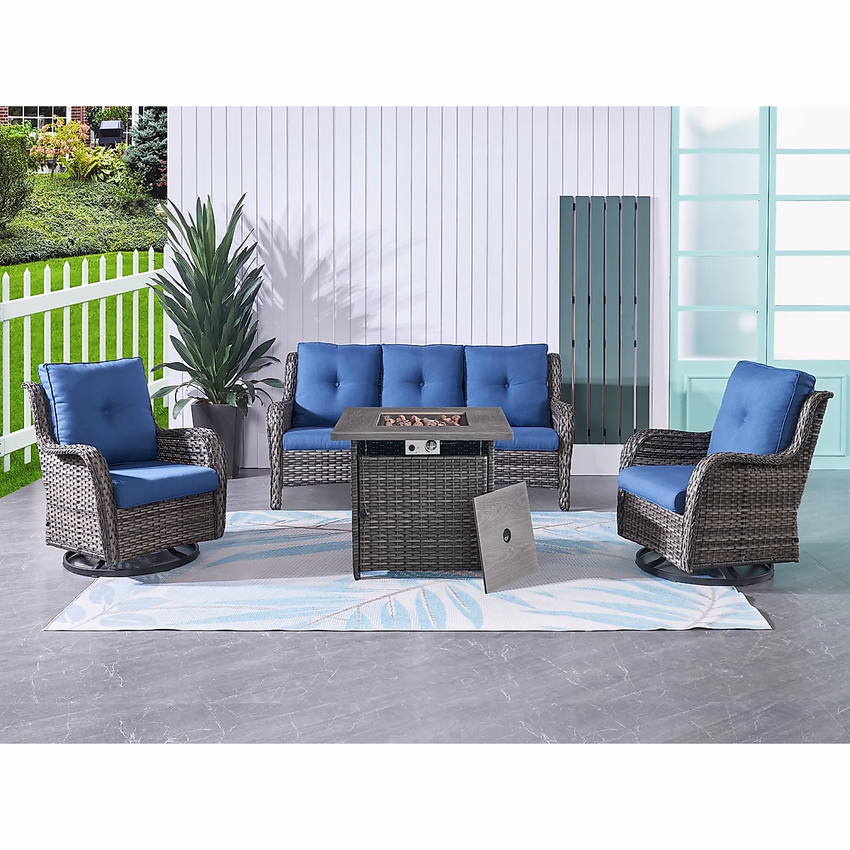 HUMMUH Patio Furniture with Fire Pit 4 Pieces Wicker Outdoor Sectional Couch with Patio Swivel Rocking Chairs,Propane Fire Pit Conversation Set for Patio Garden,Backyard,Deck