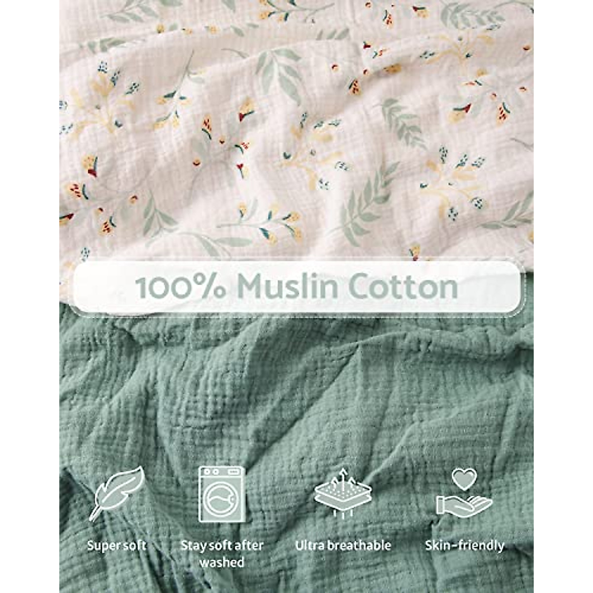 Muslin Crib Sheets for Girls and Boys, Cotton Boho Neutral Fitted Baby Crib Sheet for Standard Crib Mattress & Toddler Bed Mattress (52"x28"), Soft and Breathable, 2 Pack (Roman Green&Botanical Leaf)