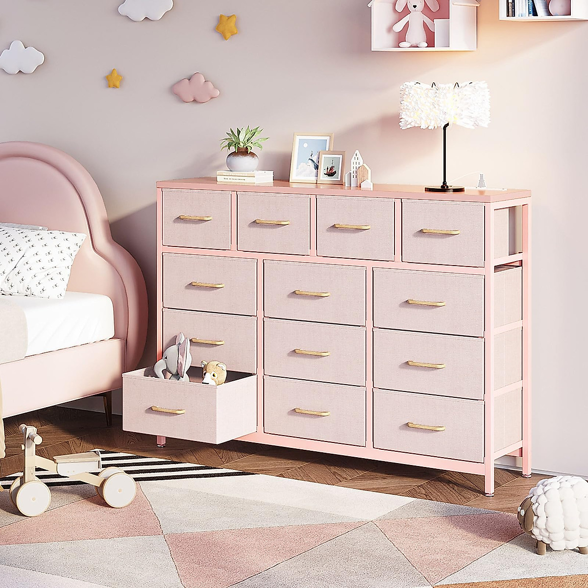 ODK Dresser with Charging Station, 57-Inch Long Dresser TV Stand for Bedroom, Large Dresser with 13 Storage Drawers, Chest of Drawers Easy-Pull Fabric Dressers for Living Room, Pink