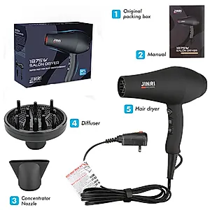 Ionic Infrared Blow Dryer - 1875W Professional Salon Dryer with Diffuser & Concentrator Attachments for Curly Hair, Black (XX-Large)