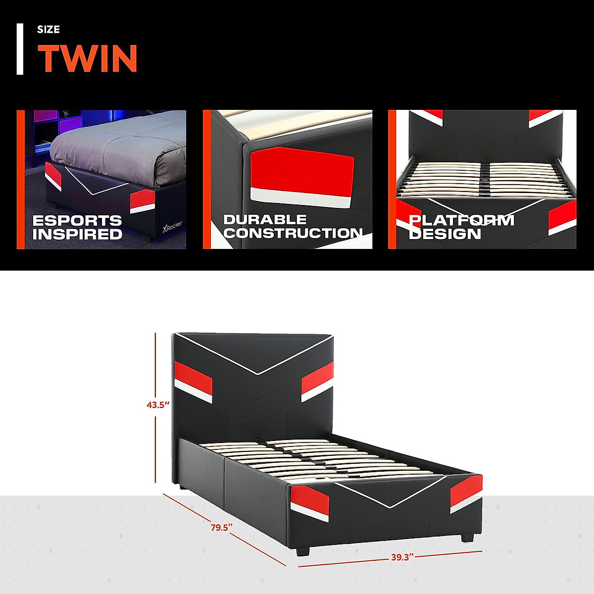 X Rocker Orion eSports Twin Gaming Bed, Black Faux Leather, Durable Frame and Padded Headboard