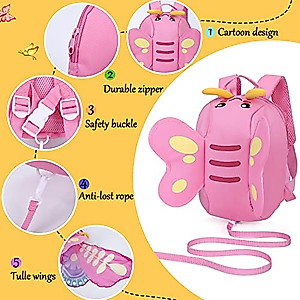 Clearlove Kids Backpack Lightweight School Backpack with Tulle Wings and Anti-lost Safety Rope Toddler Backpack for Teen Girls Boys（Pink Butterfly）