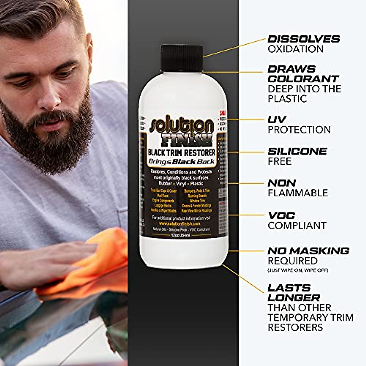 Solution Finish - Black Plastic & Vinyl Trim Restorer - Use for Car and Truck Detailing, No Wet Look, Instantly Revives Color To Trim, Bumpers, Mud Flaps, Etc., Black (12 oz)