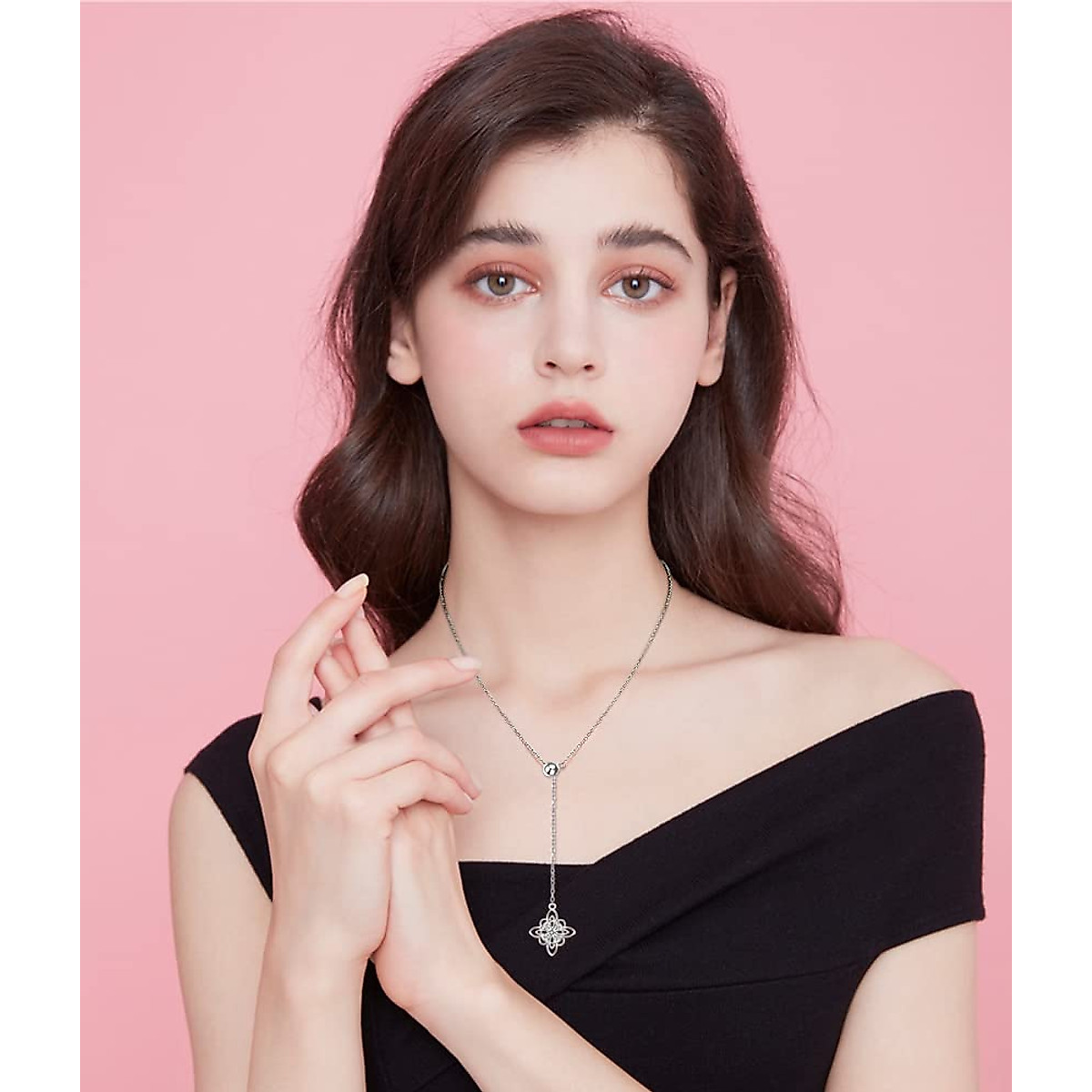 FLYOW 925 Sterling Silver Celtic Jewelry Witches Knot Pendant Adjustable Y Shaped Lariat Necklace for Women Christmas