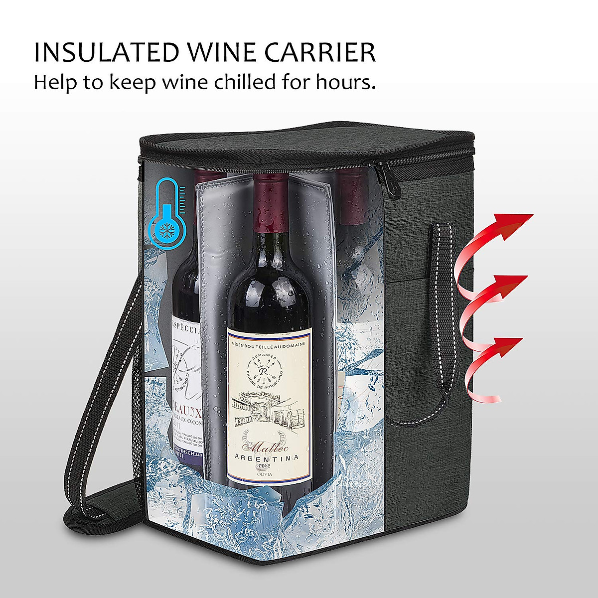 6 Bottle Wine Gift carrier - Insulated & Padded Wine Carrying Cooler Tote Bag with Handle and Adjustable Shoulder Strap for Travel or Picnic, IDEAL Wine Lover Gift, Black