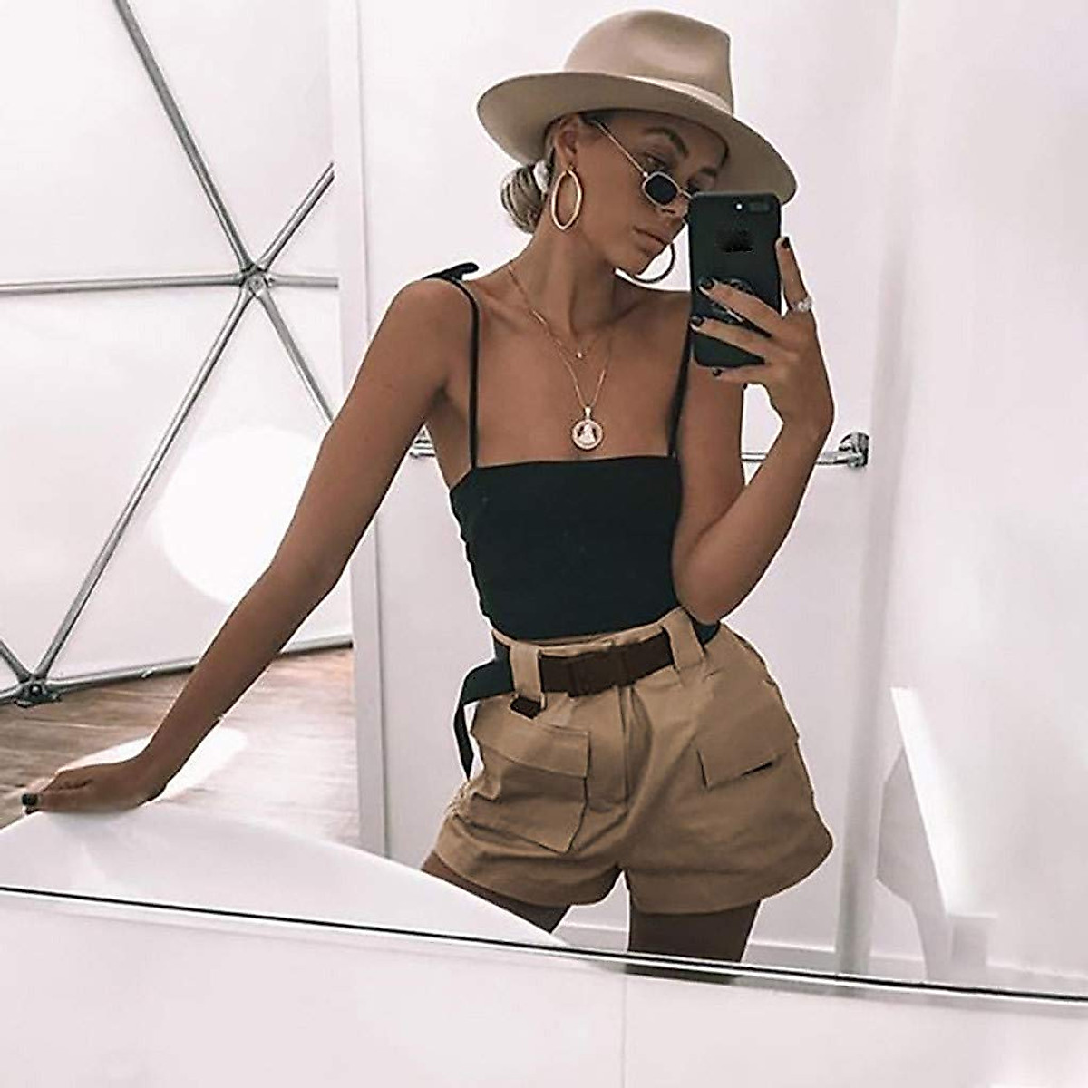 New Loose Shorts, Thenlian Women's Casual Shorts High Waist Pants Elastic Waist Bottoms Pocket Wide Leg Pant(XXL, Khaki)
