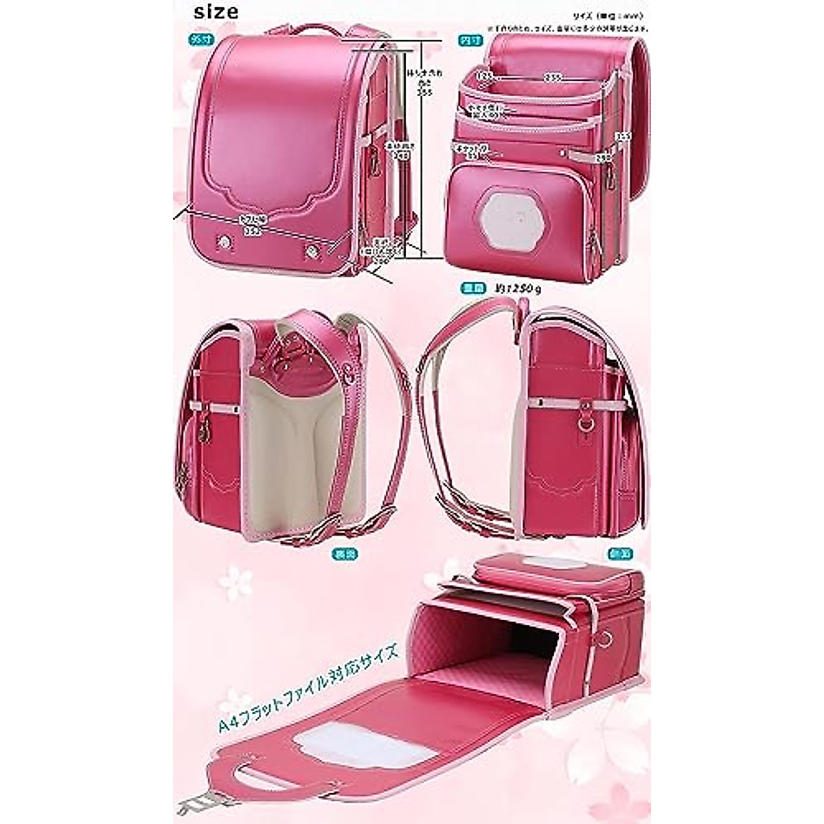 Ransel Randoseru Semi-Automatic Backpack Japanese School Bags for Kids Girls Senior PU Leather Large Capacity Light Weight Rain Cover（Pink）