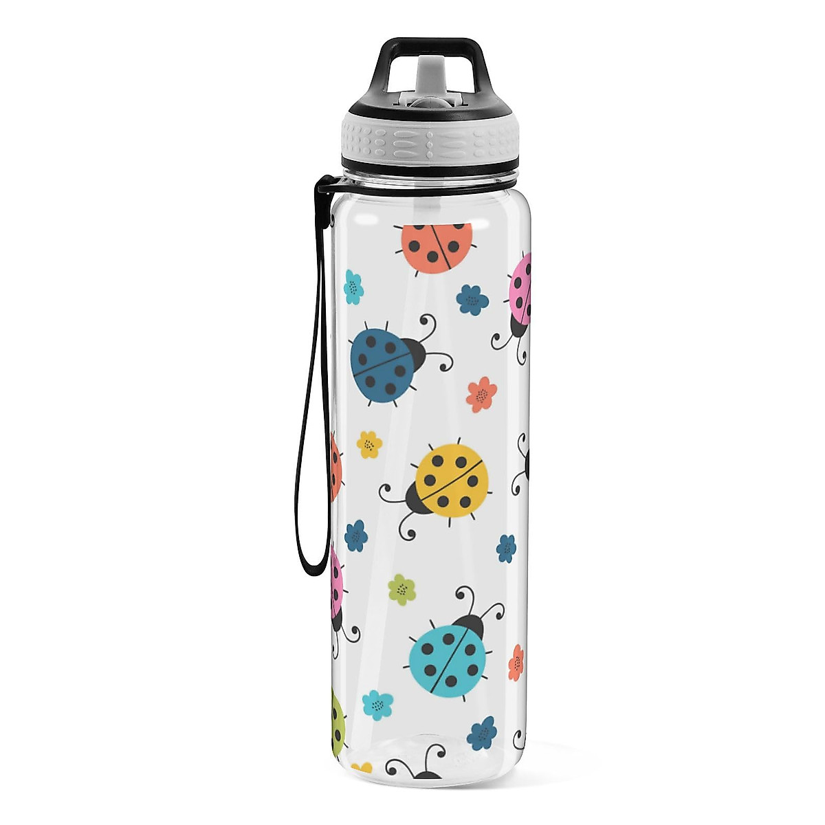 Boccsty Cute Ladybugs Flower Kids Water Bottle with Straw Sports Bottles BPA-Free Tritan Plastic Water Jug for Women Men Gym Outdoors